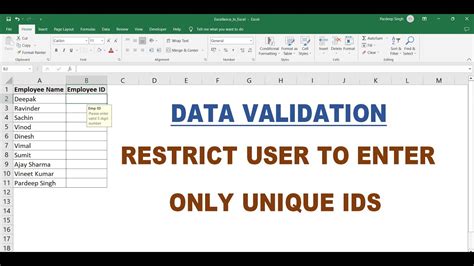 Data Validation In Excel Restrict User To Enter Only Unique Values Using A Formula Youtube