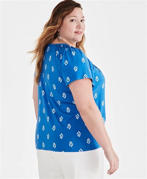 Style And Co Plus Size Printed Pleat Neck Flutter Sleeve Top Created For