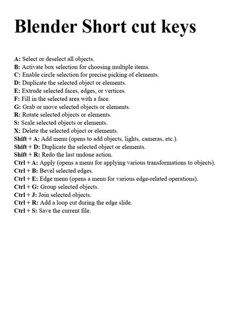Blender Short Cut Keys Pdf