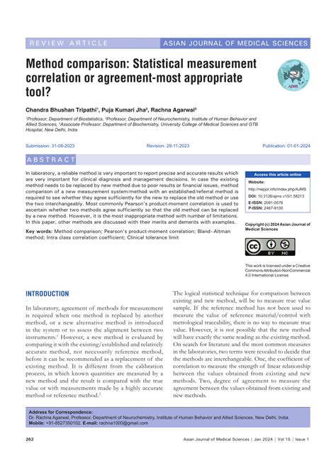 Pdf Method Comparison Statistical Measurement Correlation Or Agreement Most Appropriate Tool
