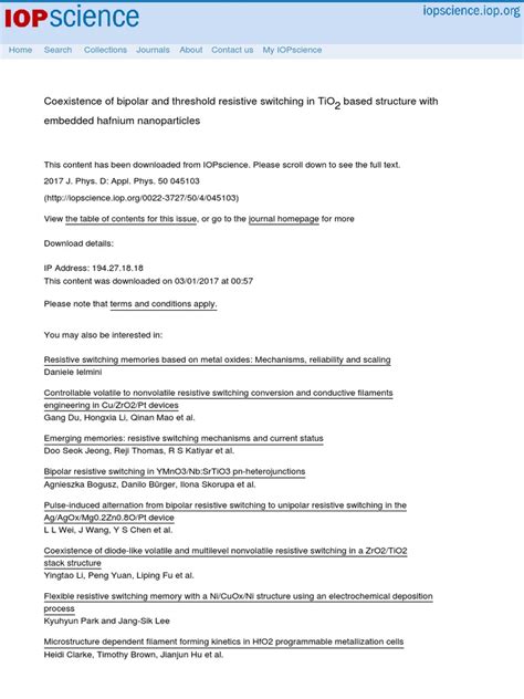2017 Coexistence Of Bipolar And Threshold Resistive Switching In Tio2 Based Structure With