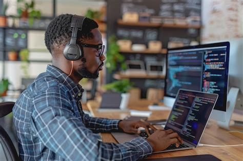 Premium Photo A Developer Writes Code On His Laptop Inside The Office Develop Software For