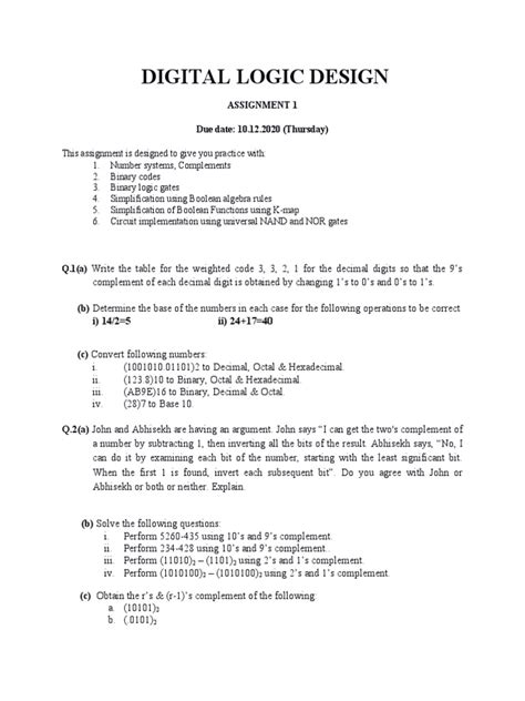 Digital Logic Design Assignment 1 Due Date 10122020 Thursday