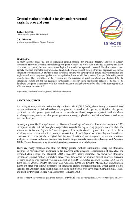 Pdf Ground Motion Simulation For Dynamic Structural Analysis Pros And Cons