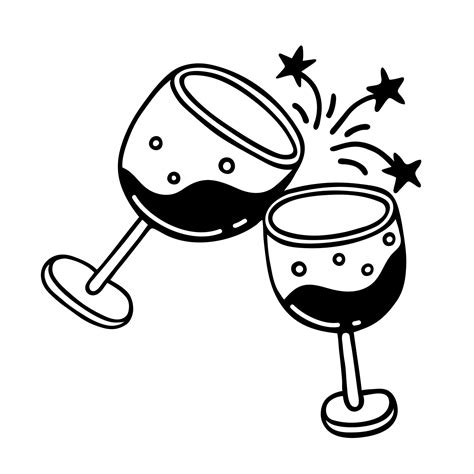 Two Clinking Glasses With Wine Simple Vector Icon Hand Drawn Doodle Isolated On White