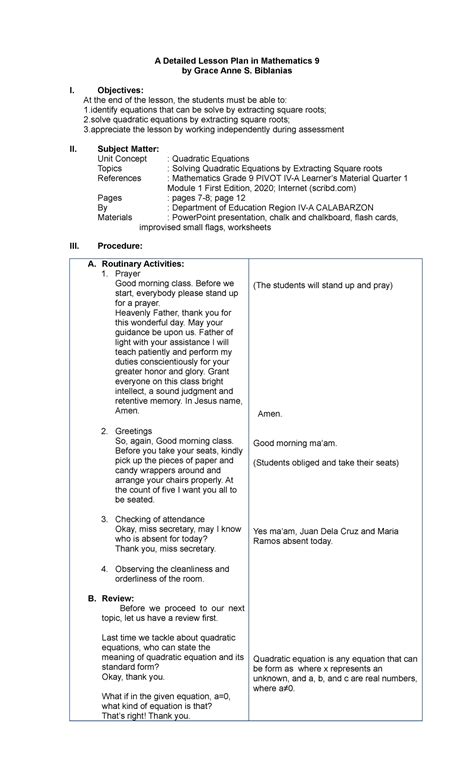 a detailed lesson plan in mathematics 9 quadratic equation solving