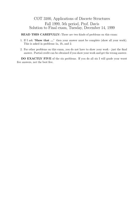 Solutions To Final Exam Applications Of Discrete Structures Fall 1999 Cot 3100 Docsity