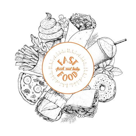 패스트 푸드 스케치 컬렉션 벡터 일러스트 레이 션 정크 푸드 세트 새겨진 스타일 일러스트 패스트 푸드 서클 레이블 다양한 음식