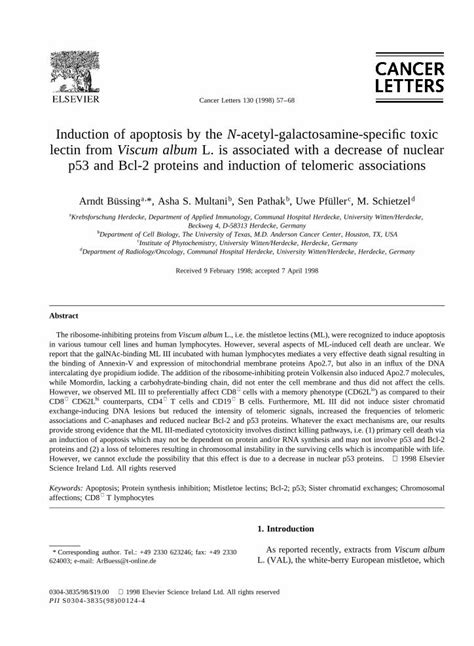 Pdf Induction Of Apoptosis By The N Acetyl Galactosamine Specific Toxic Lectin From Viscum