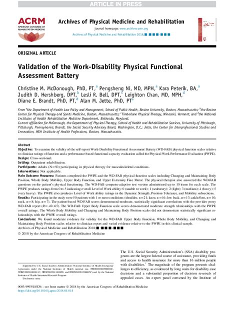 Pdf Validation Of The Work Disability Physical Functional Assessment Battery