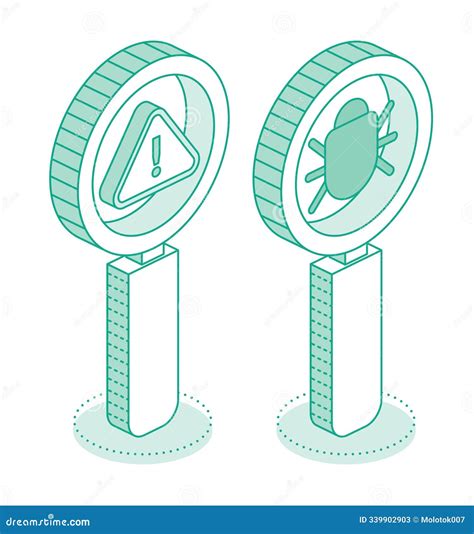 debugging magnifying glass with bug and exclamation mark isolated on white background