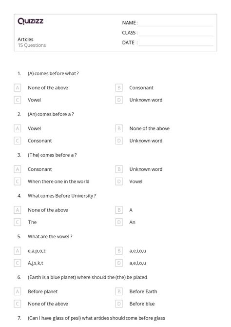 50 Articles Worksheets For 7th Class On Quizizz Free And Printable