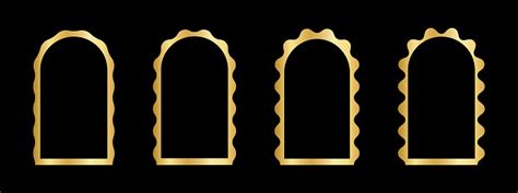 물결 모양의 가장자리가 있는 황금 아치 프레임 세트입니다 가리비 테두리가 있는 금색 아치형 통로 모양 비네트 또는 거울 포털 또는 문 어두운 배경에 고립 된 빈 상자 벡터