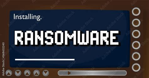 Cartoon Computer With The Word Ransomware Video Message Of A Screen Displaying An Installation