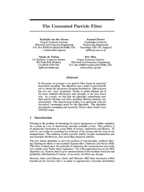 The Unscented Particle Filter Rudolph Van Der Merwe Arnaud Doucet Pdf Analysis