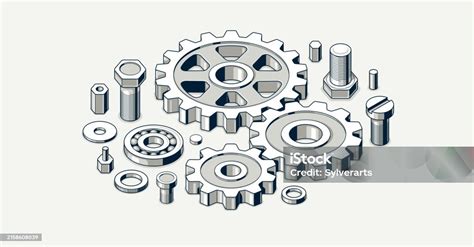 발명 혁신 및 개발 개념 기어 및 톱니 구성 등각 투영 3d 벡터 일러스트 레이 션 기술 테마 기계 및 엔진 제작 3차원 형태에 대한 스톡 벡터 아트 및 기타 이미지
