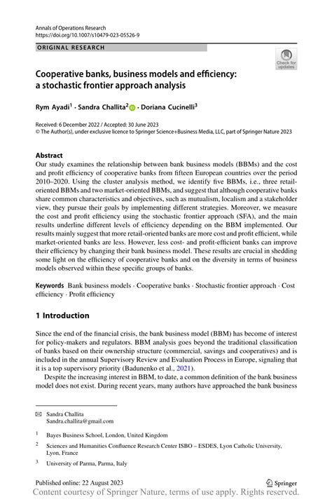 Cooperative Banks Business Models And Efficiency A Stochastic Frontier Approach Analysis