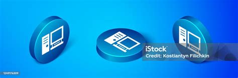 파란색 배경에서 격리된 등색 컴퓨터 모니터 아이콘입니다 Pc 구성 요소 기호입니다 파란색 원 버튼입니다 벡터 일러스트레이션 0명에 대한 스톡 벡터 아트 및 기타 이미지