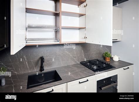 Interior Of White And Grey Kitchen Horizontal Linear Layout Luxury Modern Fitted Flat Design