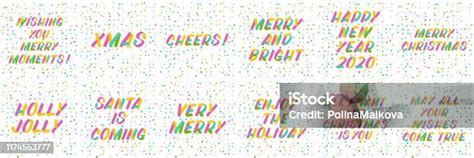 메리 크리스마스와 새해 타이포그래피 브러쉬 사인 레터링 세트 색종이와 흰색 배경에 축하 카드 디자인 요소 인사말 카드 오버레이 포스터를위한 휴일 레터링 템플릿 2020년에