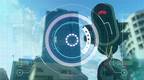 Animation Of Processing Circle Over Cityscape And Traffic Light Stock Video Video Of