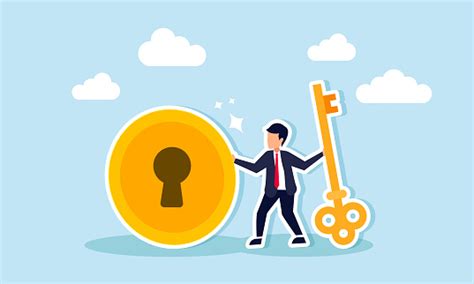 부와 이익 이득을 위한 투자 기회에 있는 보상을 여는 재정적인 성공 열쇠 똑똑한 사업가 투자자의 개념은 동전 모양의 열쇠 구멍을 여는 큰 황금 열쇠를 쥐고 있습니다 거래자에