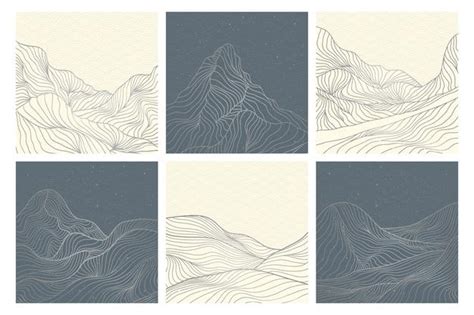 산 라인 아트 인쇄 추상 산 현대 미적 배경 풍경입니다 산 숲 바다 스카이 라인 파도 벡터 일러스트 프리미엄 벡터