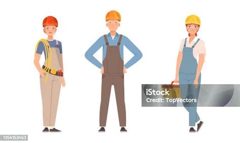 핸디맨 또는 픽서로 숙련 된 남자와 여자 착용 전반적인 유지 도구 상자 에 종사 홈 수리 작업 벡터 세트 Diy에 대한 스톡