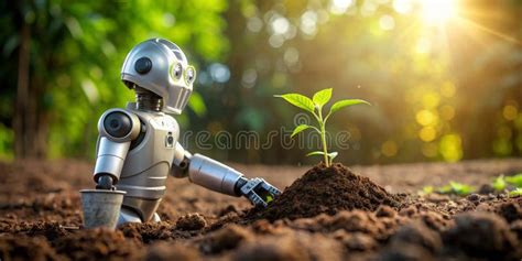 A Robot Is Planting A Seed In The Dirt Generative Ai Stock Illustration