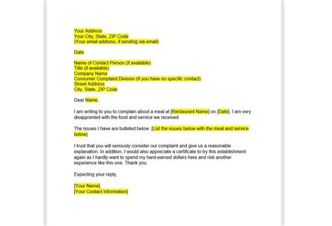 Complaint Letter To A Restaurant Template Complaint Letter Template