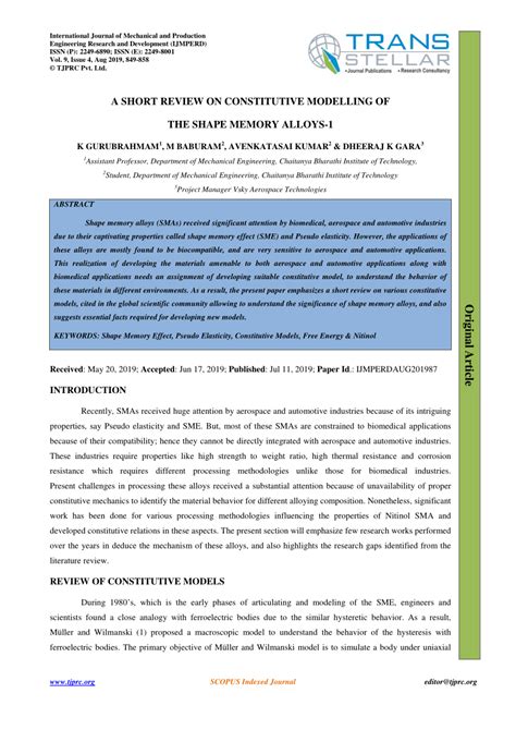 Pdf A Short Review On Constitutive Modelling Of The Shape Memory Alloys 1