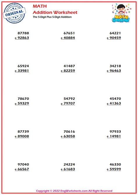 The 5 Digit Plus 5 Digit Addition Worksheets And Exercise Pdf Download Engworksheets