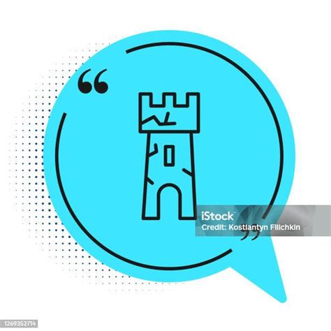 흰색 배경에 고립 된 검은 줄 성 타워 아이콘 요새 표지판 파란색 음성 버블 기호입니다 벡터 건축에 대한 스톡 벡터 아트 및 기타 이미지 Istock
