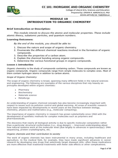 podc0lcys cc101 module 10 introduction to organic chemistry pdf