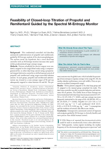 Pdf Feasibility Of Closed Loop Titration Of Propofol And Remifentanil Guided By The Spectral M