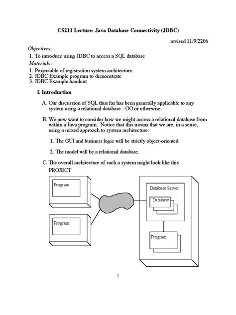 Cs211 Lecture Java Database Connectivity Jdbc Objectives Pdf