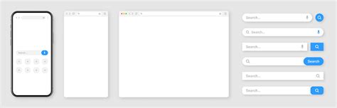 스마트폰 다양한 검색창 템플릿이 있는 빈 인터넷 브라우저 창 검색 상자 주소 표시줄 및 텍스트 필드가 있는 웹 사이트 엔진 Ui 디자인 웹 사이트 인터페이스 요소 벡터 그림