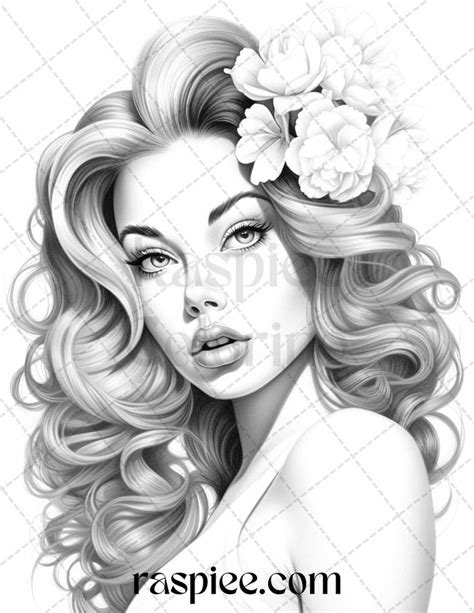 50 Vintage Pin Up Girls Grayscale Coloring Pages Printable For Adults