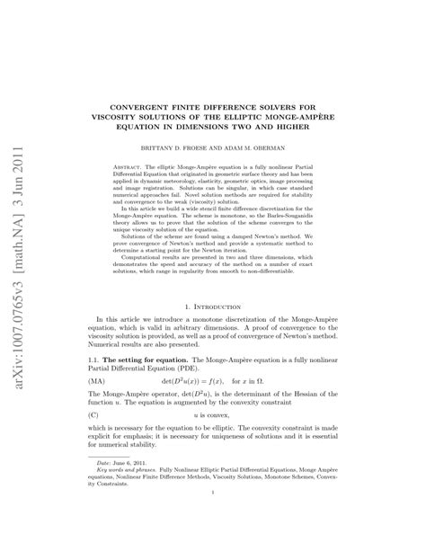 Pdf Convergent Finite Difference Solvers For Viscosity Solutions Of The Elliptic Monge Ampère