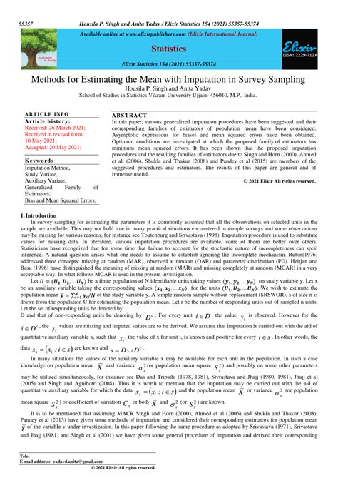 Pdf Methods For Estimating The Mean With Imputation In Survey Sampling