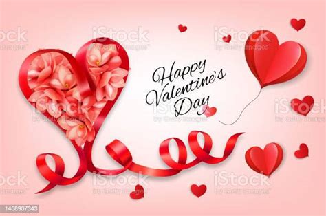 해피 발렌타인 데이는 빨간 하트 모양의 리본과 목련 꽃으로 카드를 받고 있습니다 벡터 2월에 대한 스톡 벡터 아트 및 기타 이미지 2월 Health 개념 Istock