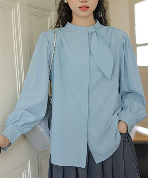 리본타이 루즈 셔츠 하이넥 퍼프 벌룬 긴소매 솔리드 단색 무지 여유핏 히든버튼 러블리 셔츠 가을 겨울 코디템 레이어드
