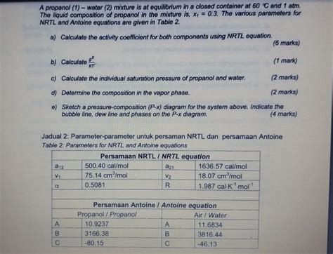Solved A Propanol Water Mixture Is At Equilibrium Chegg