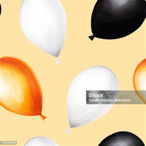 풍선 그림이 있는 수채화 할로윈 원활한 패턴 손으로 그림을 그리는 주황색 검은색 흰색 풍선 스케치는 흰색 배경에 분리되어 있다 디자이너 장식 상점 엽서 포장지 표지 포스터