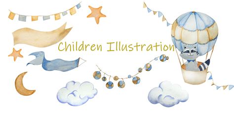 귀여운 너구리 화환 깃발 별 구름 달과 함께 뜨거운 공기 풍선의 수채화 세트 어린이 그림 어린이 방 프레임 포스터 웹 사이트 카드 개체 그룹에 대한 스톡 벡터 아트 및 기타