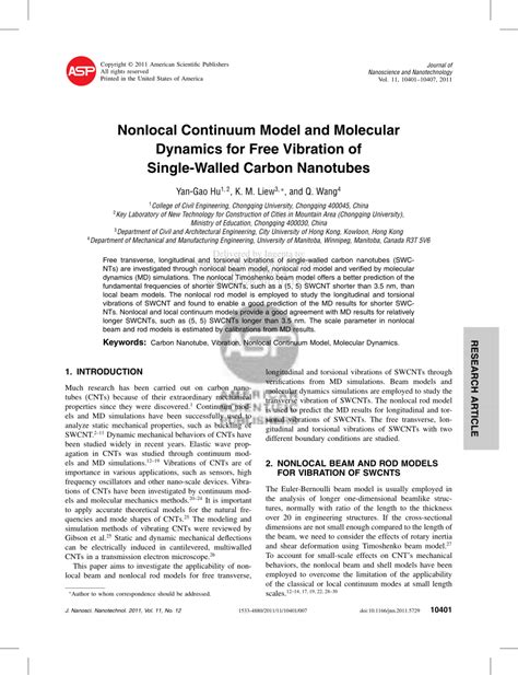 Pdf Nonlocal Continuum Model And Molecular Dynamics For Free Vibration Of Single Walled Carbon