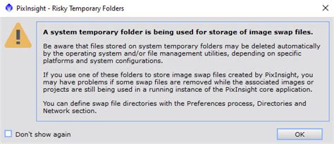 При запуске Pixinsight выдаётся сообщение A System Temporary Folder Is Being Used For Storage