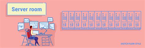 남자 앉아 직장 책상 데이터 센터 룸 호스팅 서버 컴퓨터 모니터링 개념 정보 데이터베이스 후면 보기 작업자 스케치 흐름 스타일 수평 배너 Cpu에 대한 스톡 벡터 아트 및
