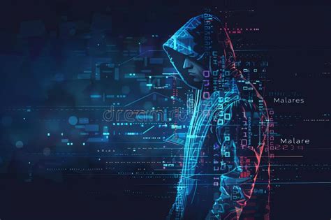 Hacker In Hooded Silhouette With Binary Code And Hologram Elements On Dark Background Concept