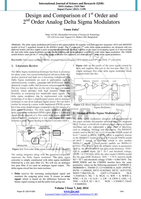 Pdf Design And Comparison Of 1st Order And 2nd Order Analog Delta Sigma Modulators